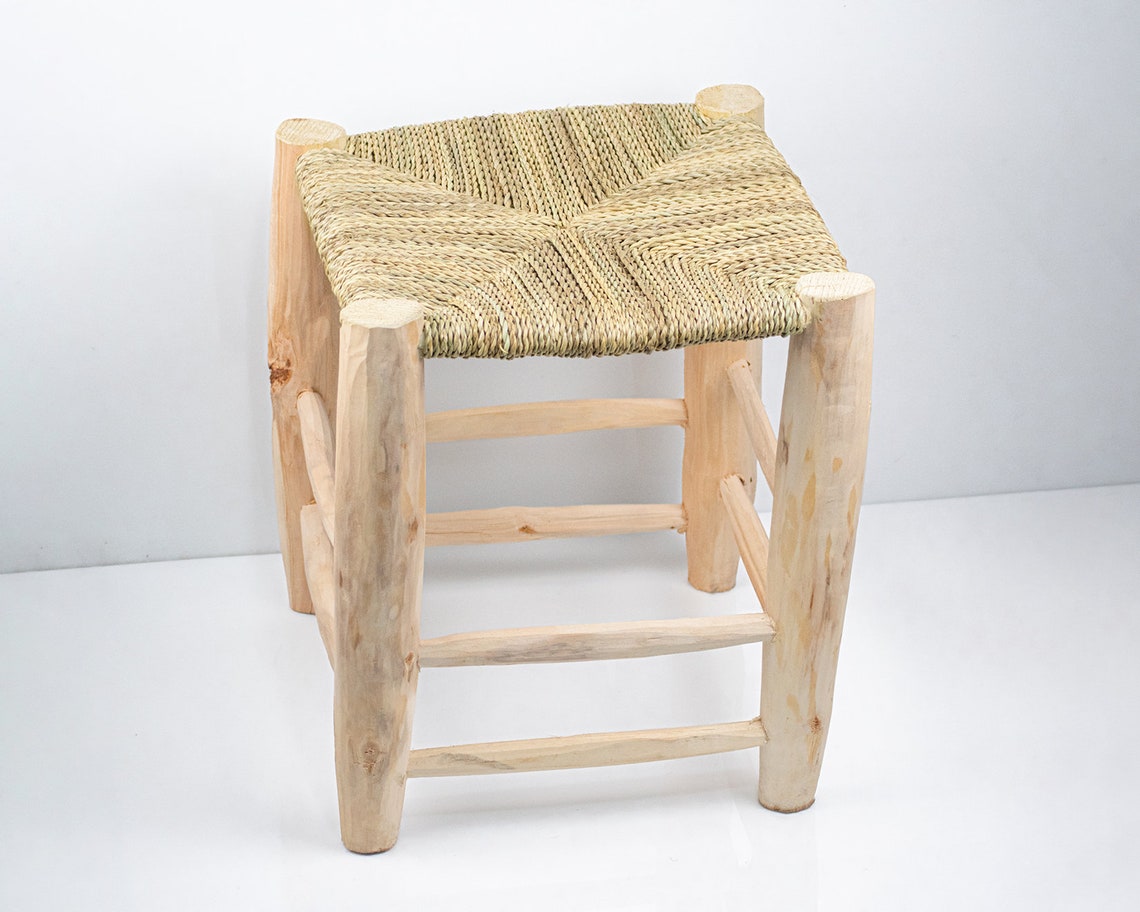 Large Handmade Moroccan Wood and Straw Stool, Ecofriendly Moroccan ...