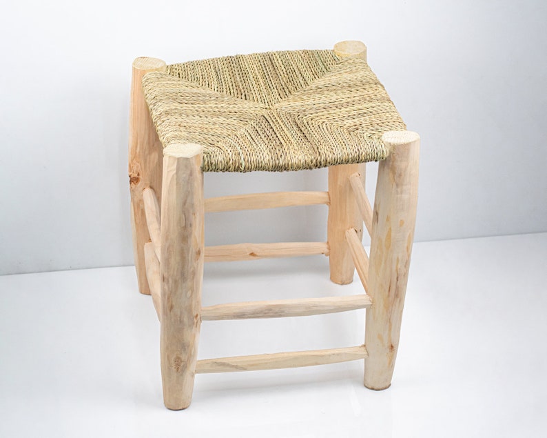 Large Handmade Moroccan Wood and Straw Stool, Ecofriendly Moroccan ...