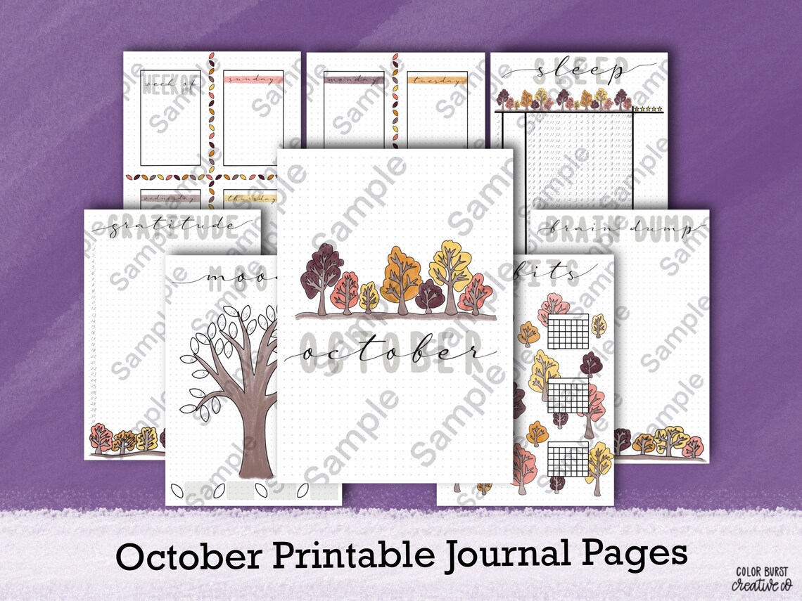 October Printable Journal Pages Fall Trees Theme Gratitude Log, Mood ...