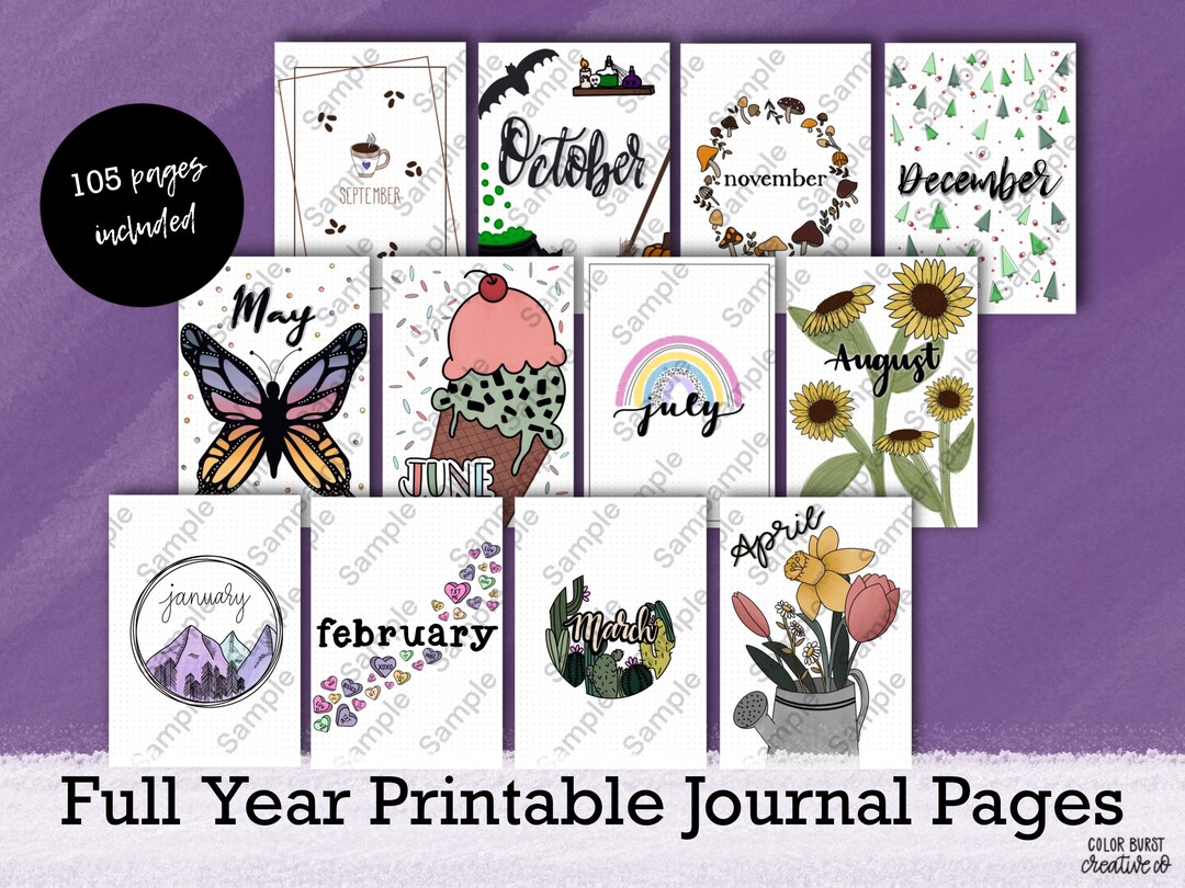 Full Year Printable Journal Pages - 12 Months - 105 Pages - PDF ...