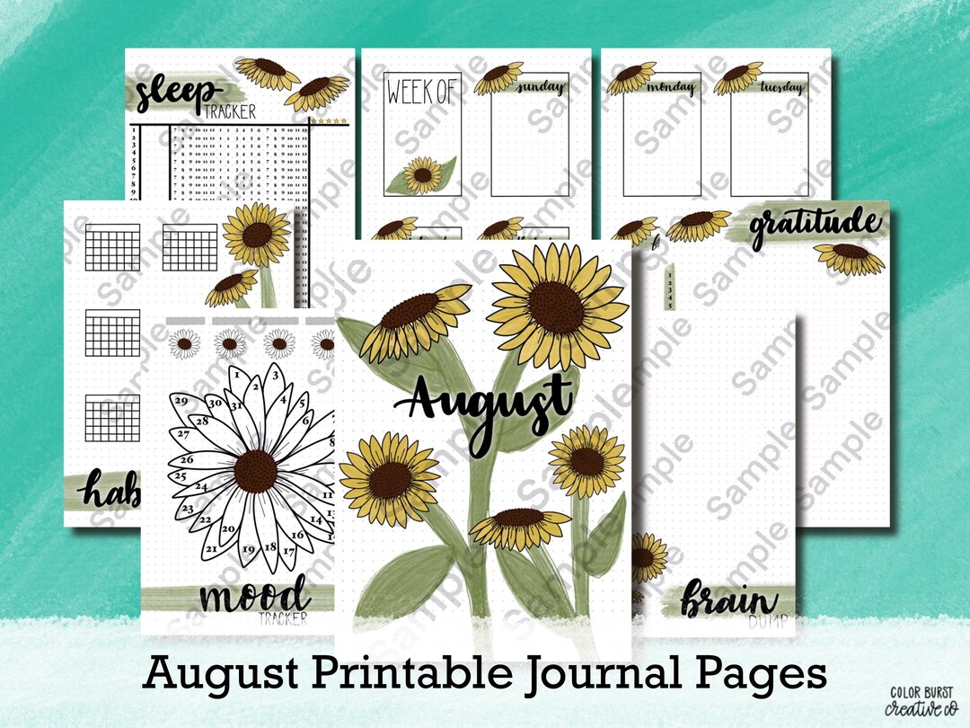 August Printable Journal Pages – Sunflower Theme, Habit & Mood Tracker ...