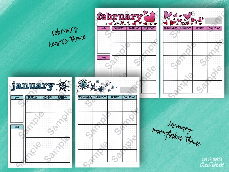 Monthly Calendar Pages - 12 Months With Seasonal Themes - Undated to ...