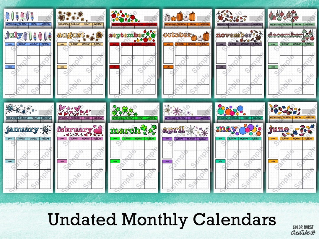 Monthly Calendar Pages - 12 Months With Seasonal Themes - Undated to ...