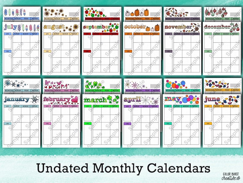 Monthly Calendar Pages - 12 Months With Seasonal Themes - Undated to ...