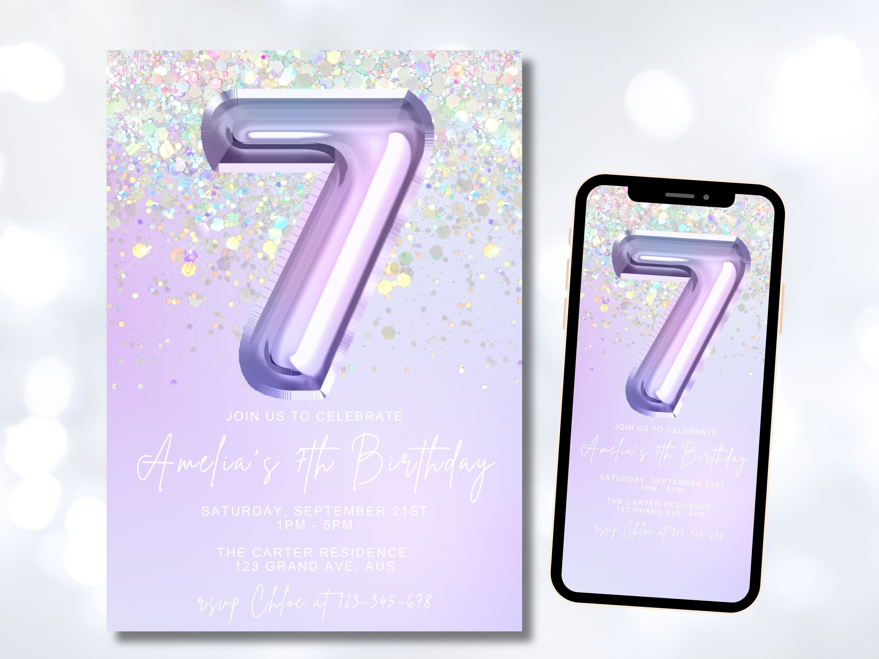 Editable Purple 7th Birthday Invitation Glitter Birthday Party Invite ...