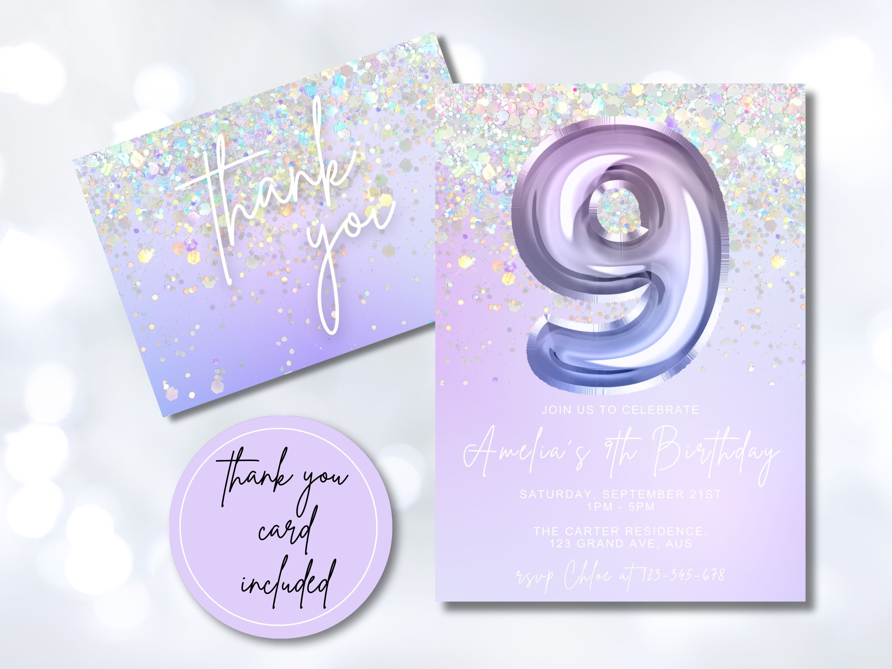 Editable Purple 9th Birthday Invitation Glitter Birthday Party Invite ...