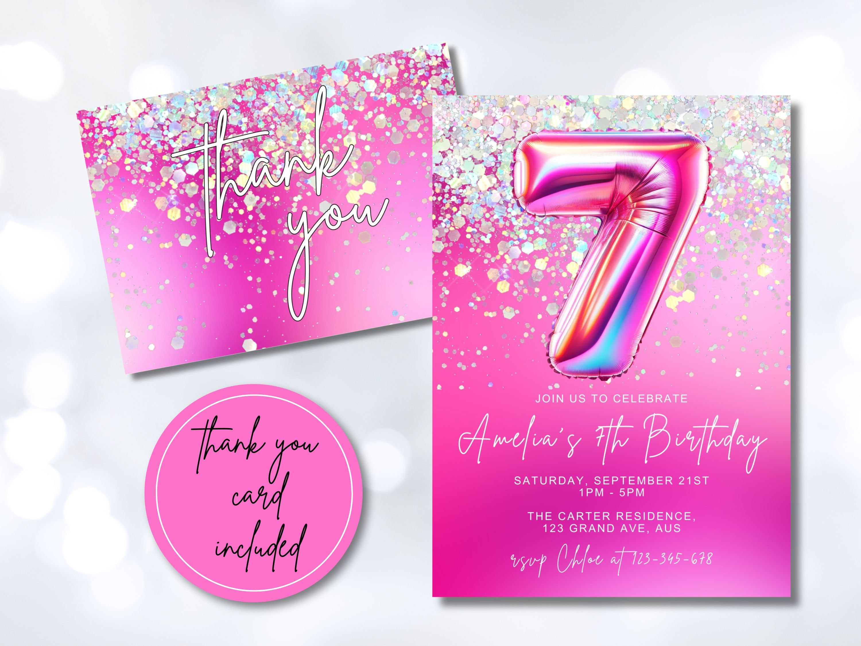 Editable Pink 7th Birthday Invitation Glitter Birthday Party Invite ...