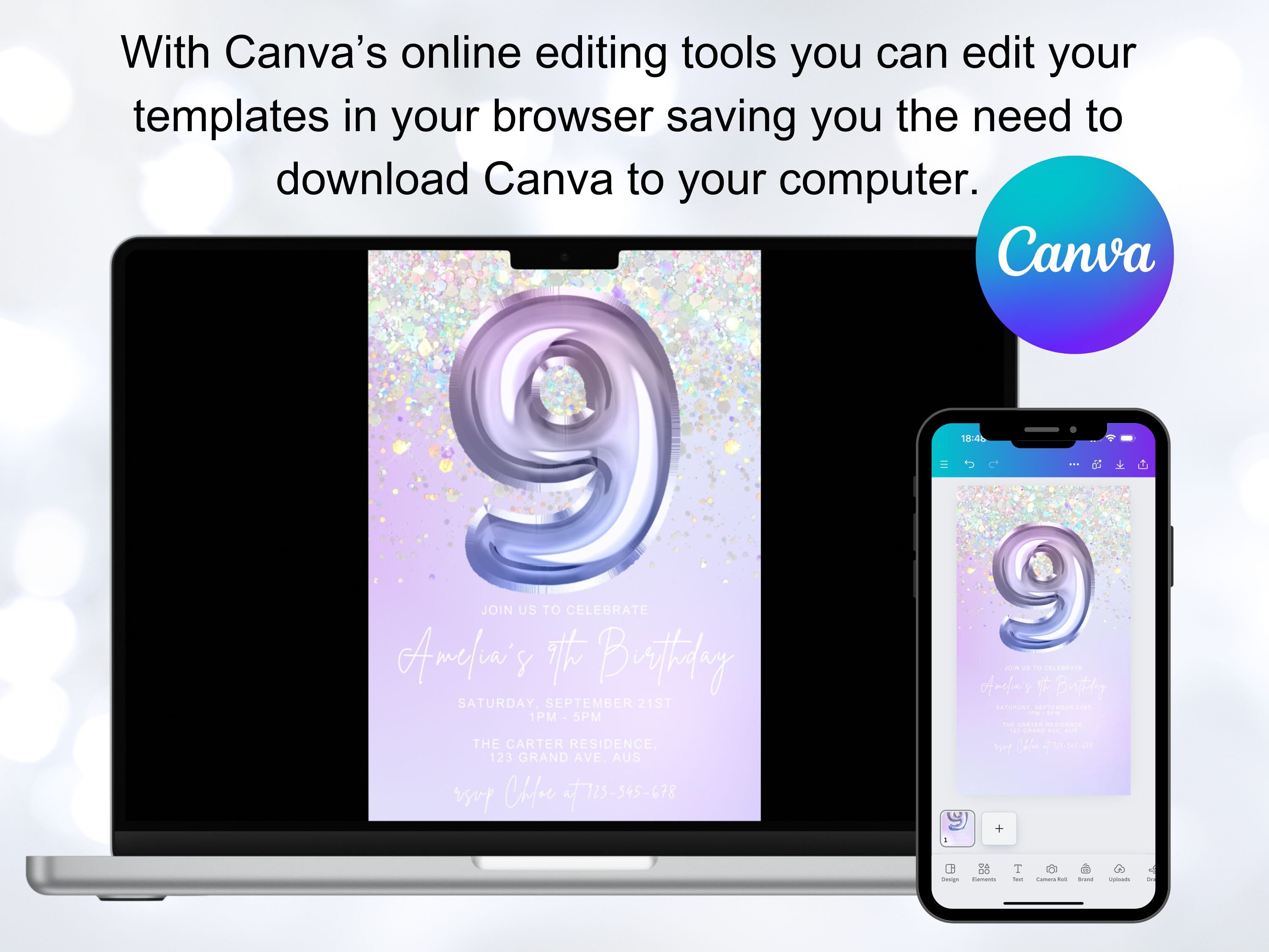 Editable Purple 9th Birthday Invitation Glitter Birthday Party Invite ...