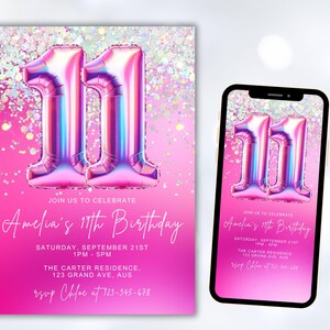 Editable Pink 11th Birthday Invitation Glitter Birthday Party Invite ...