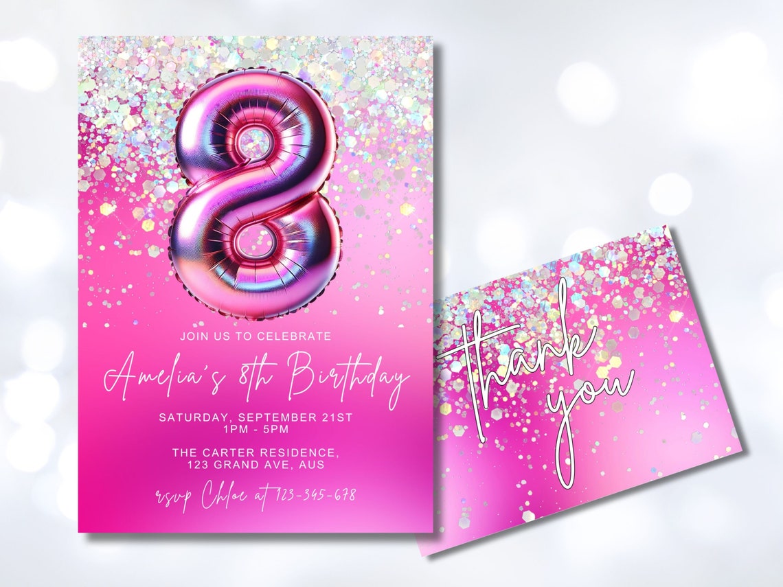 Editable Pink 8th Birthday Invitation Glitter Birthday Party Invite ...