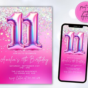 Editable Pink 11th Birthday Invitation Glitter Birthday Party Invite ...