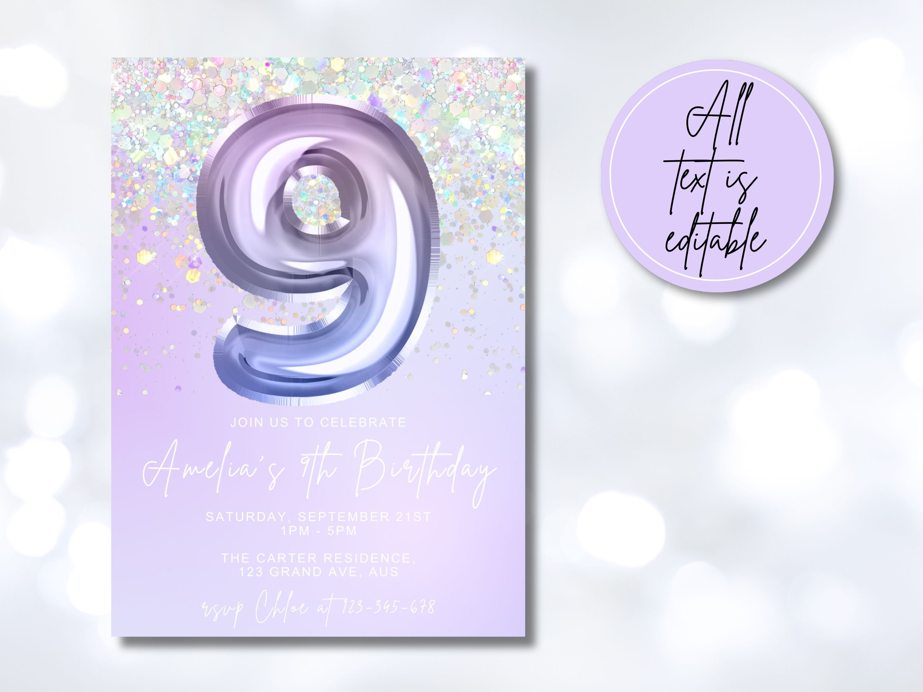 Editable Purple 9th Birthday Invitation Glitter Birthday Party Invite ...