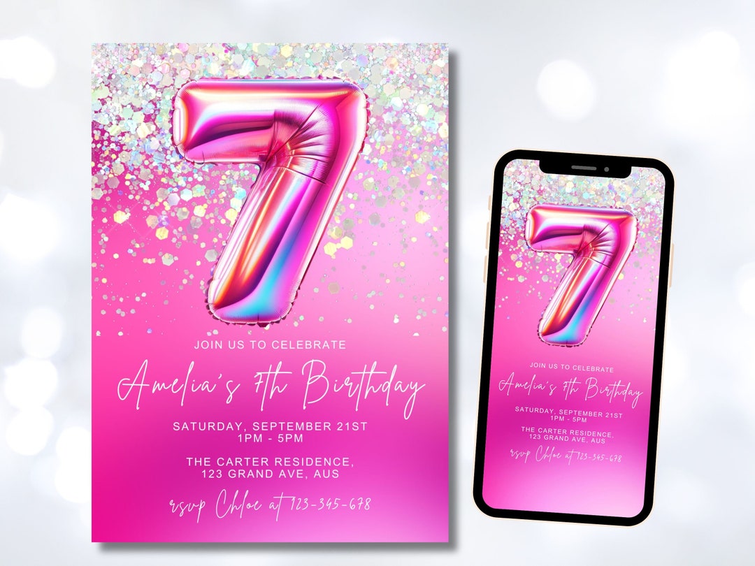 Editable Pink 7th Birthday Invitation Glitter Birthday Party Invite ...