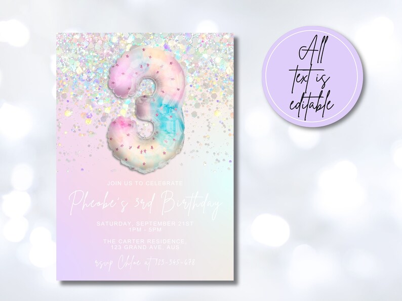 Editable Pastel 3rd Birthday Invitation Template, Glitter Birthday ...