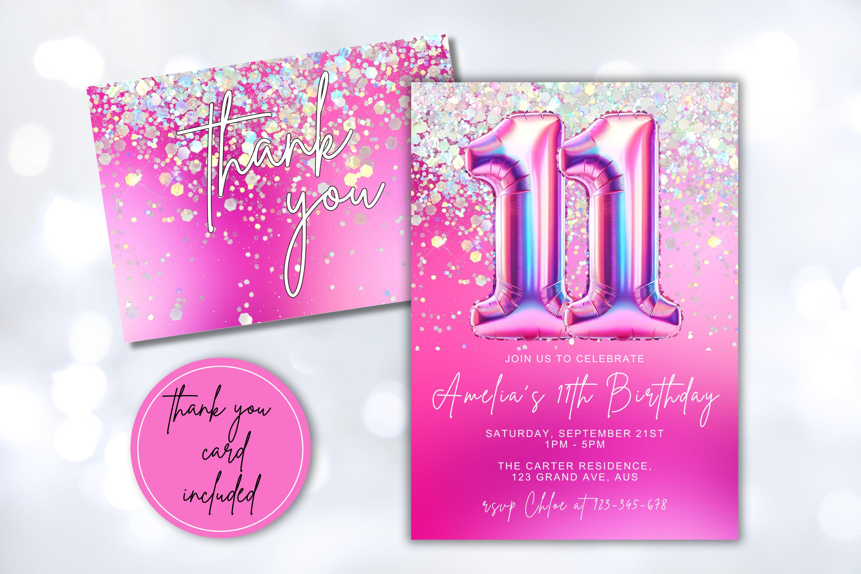 Editable Pink 11th Birthday Invitation Glitter Birthday Party Invite ...