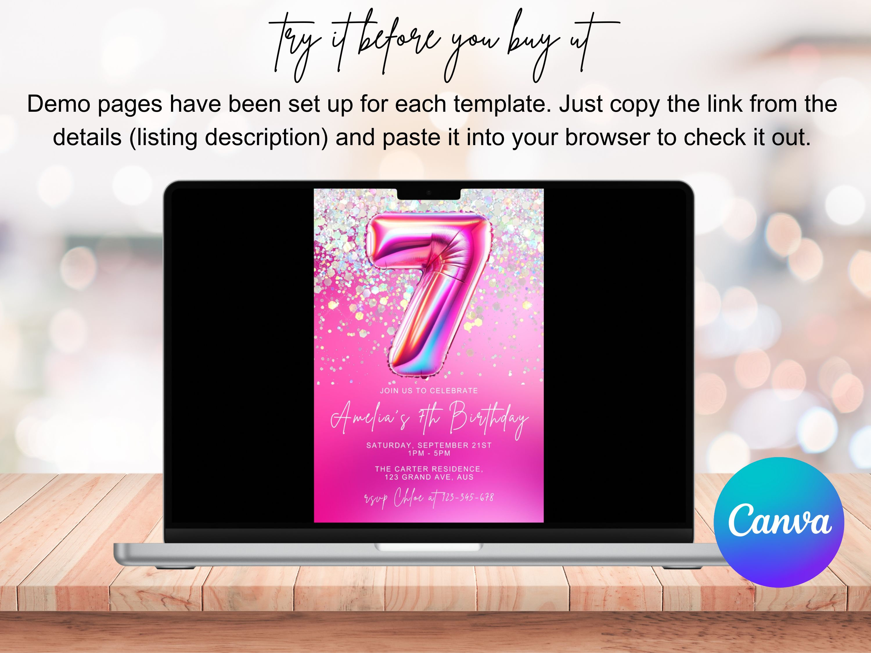 Editable Pink 7th Birthday Invitation Glitter Birthday Party Invite ...