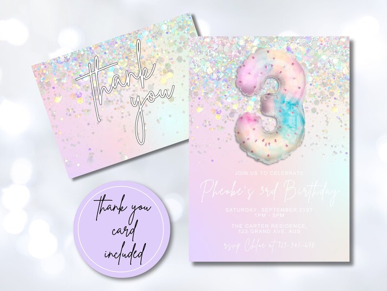 Editable Pastel 3rd Birthday Invitation Template, Glitter Birthday ...