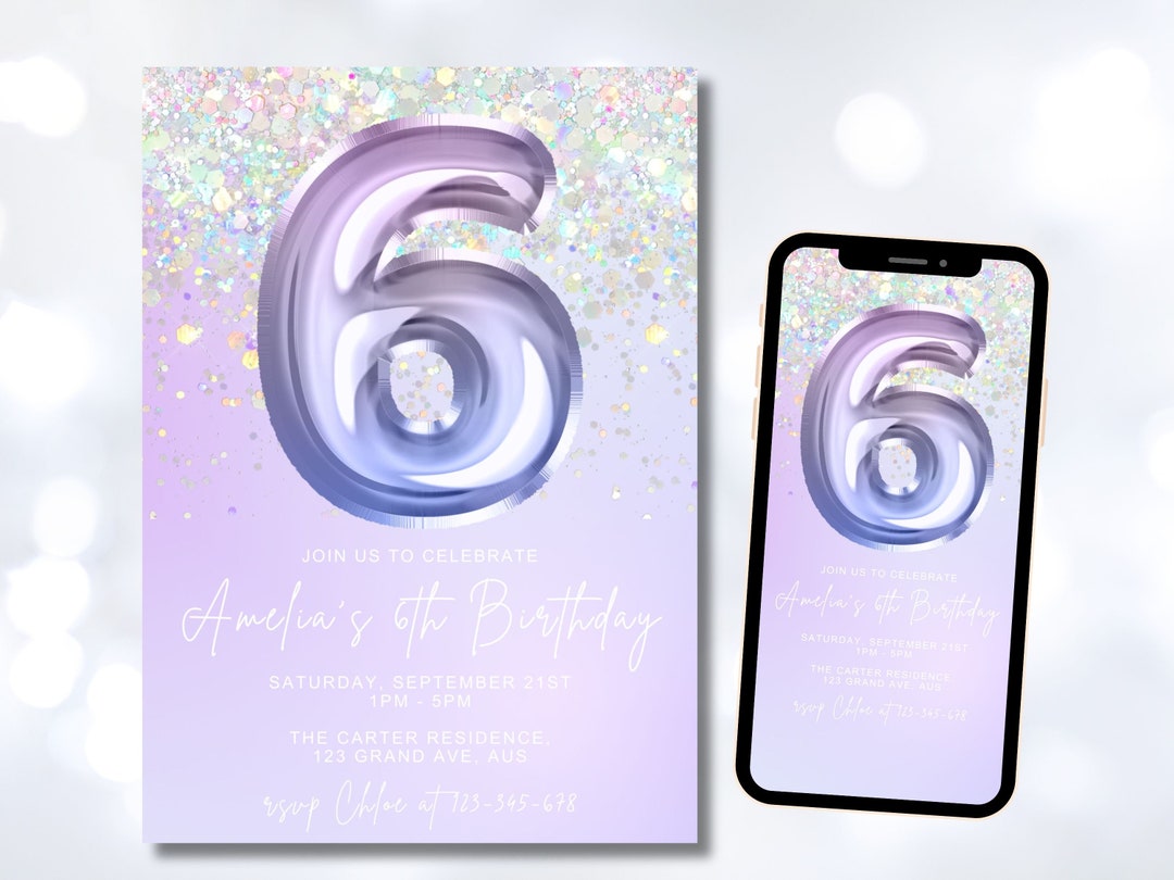Editable Purple 6th Birthday Invitation Glitter Birthday Party Invite ...
