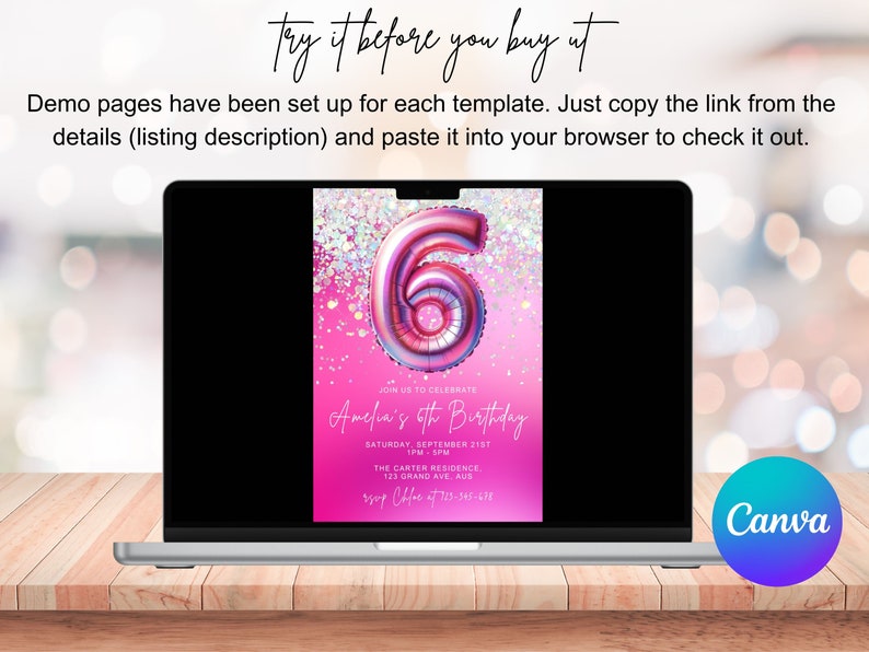 Editable Pink 6th Birthday Invitation Glitter Birthday Party Invite ...