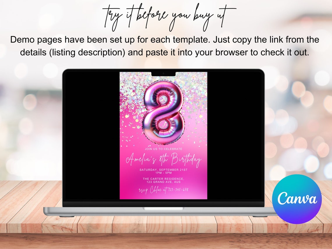 Editable Pink 8th Birthday Invitation Glitter Birthday Party Invite ...