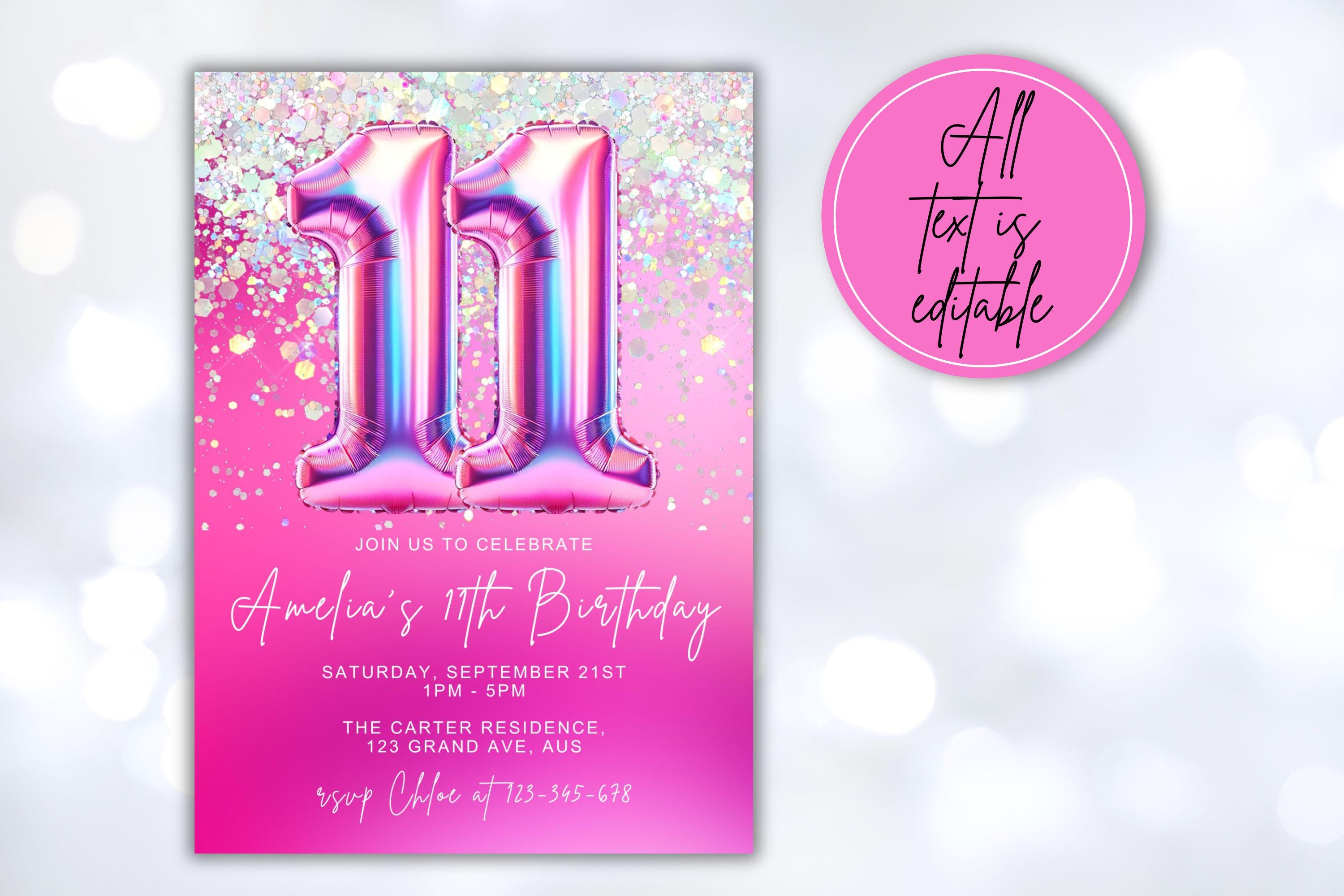 Editable Pink 11th Birthday Invitation Glitter Birthday Party Invite ...