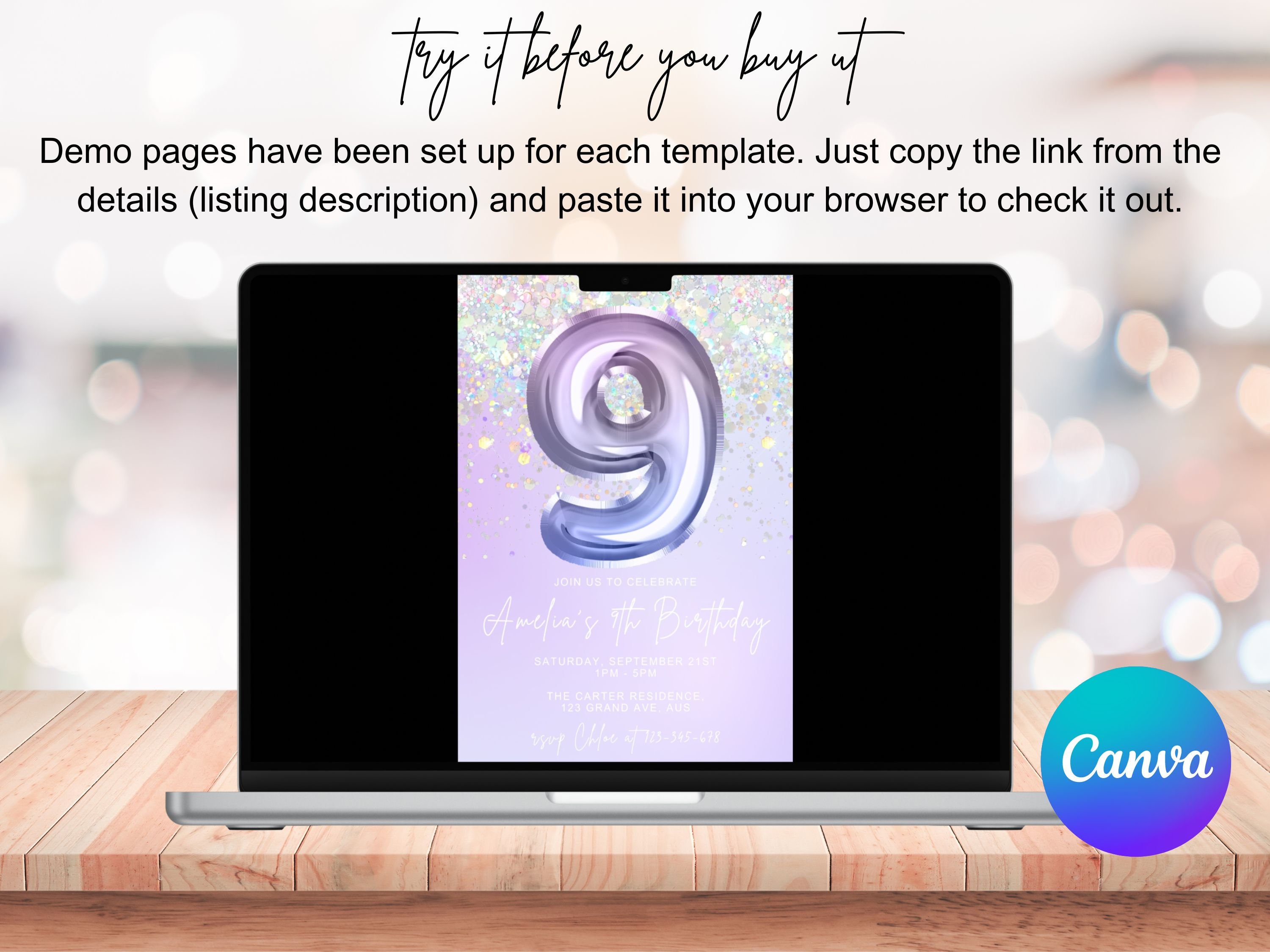 Editable Purple 9th Birthday Invitation Glitter Birthday Party Invite ...