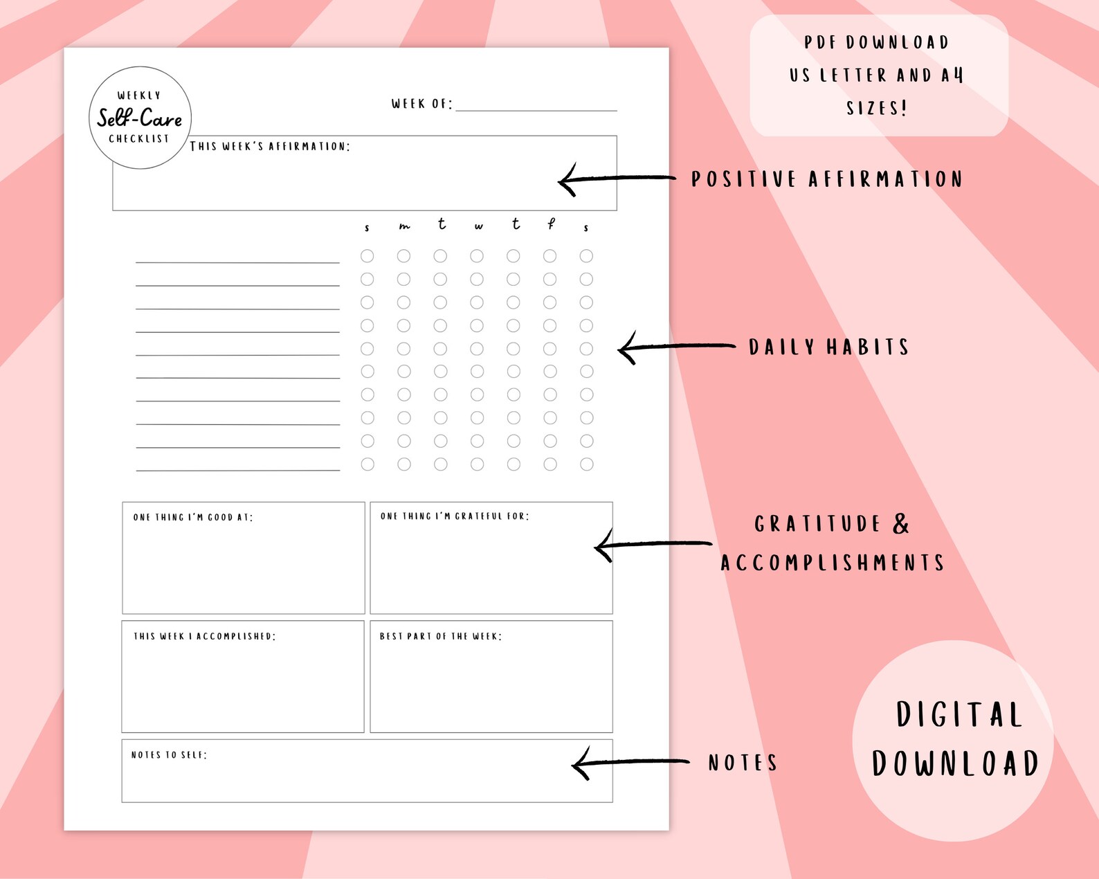 Weekly Self-care Checklist Printable Digital Download Habit Tracker ...