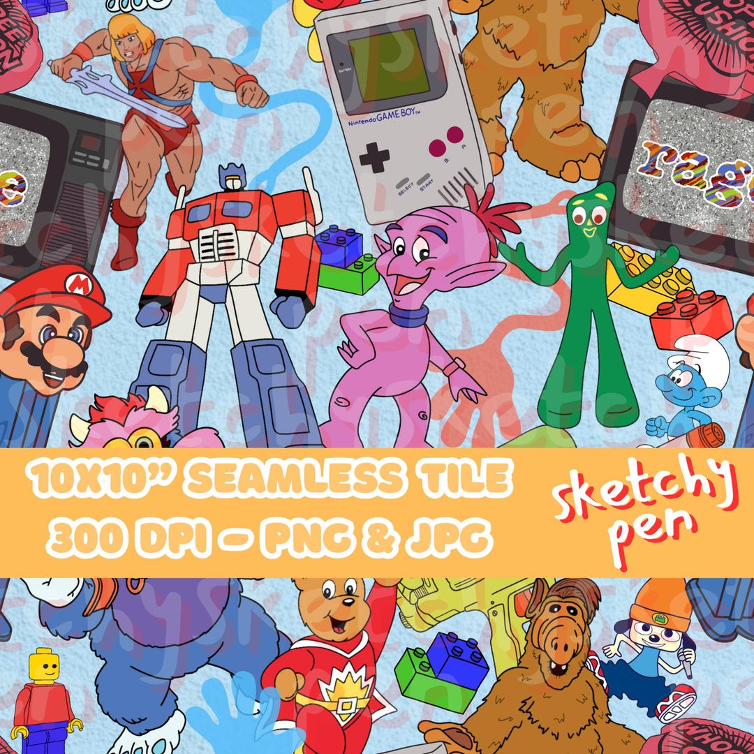 80s Cartoon Mashup Seamless Pattern | Retro PNG JPG (digital) - Etsy