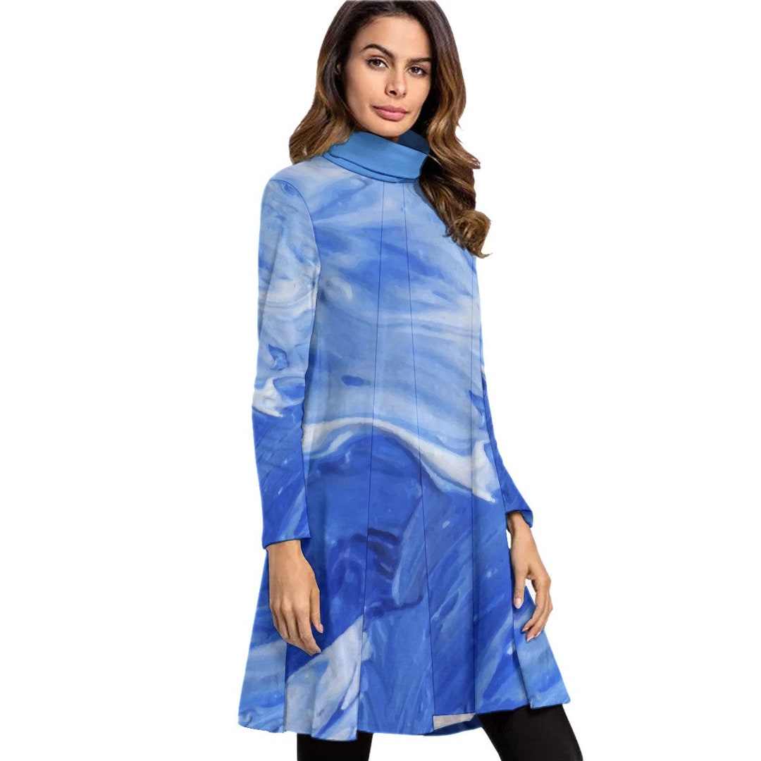 Blue Abstract Long Sleeve Dress/ Cute Fall Dress, Midi Fall Dress - Etsy