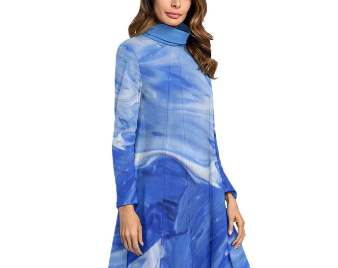 Blue Abstract Long Sleeve Dress/ Cute Fall Dress, Midi Fall Dress - Etsy