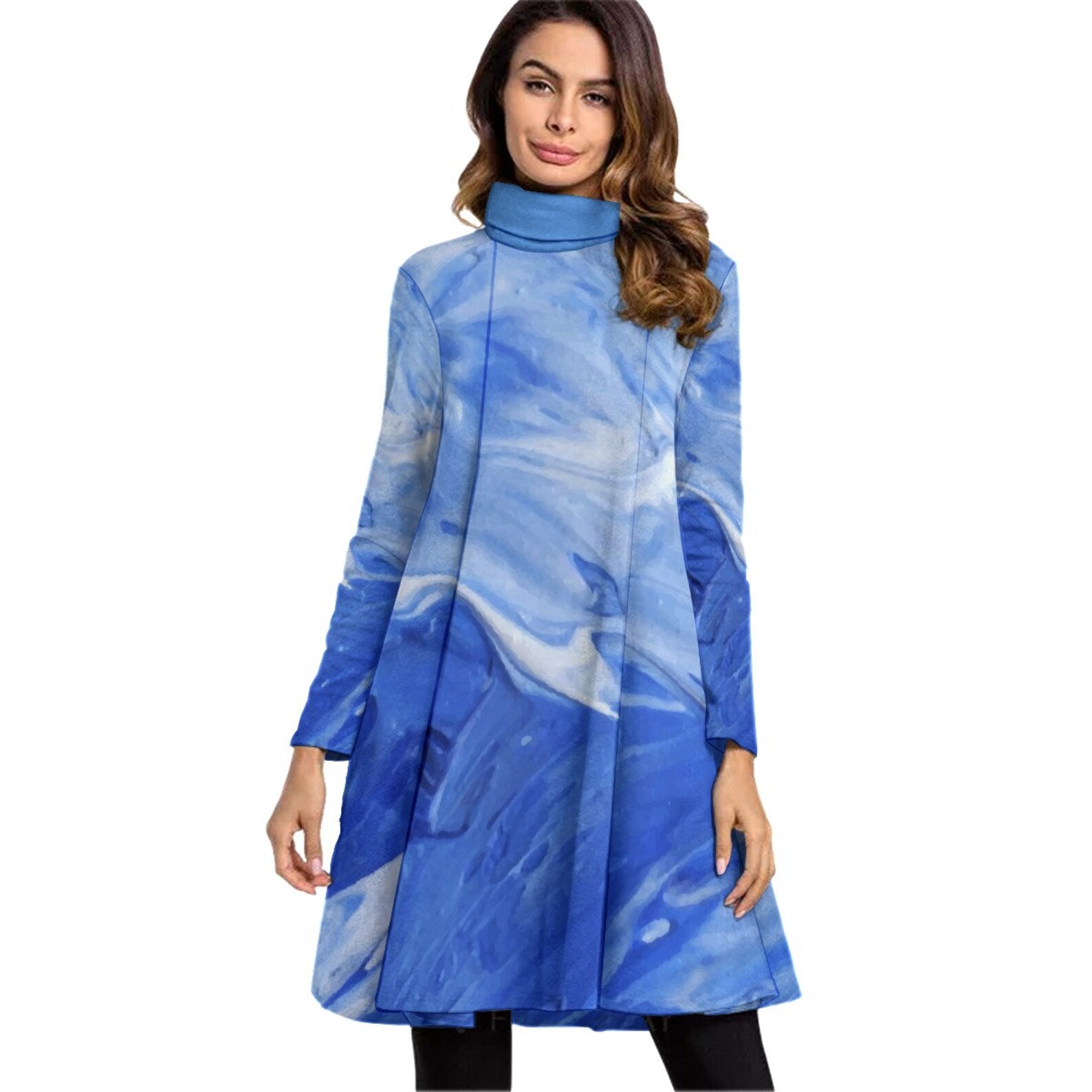 Blue Abstract Long Sleeve Dress/ Cute Fall Dress, Midi Fall Dress - Etsy