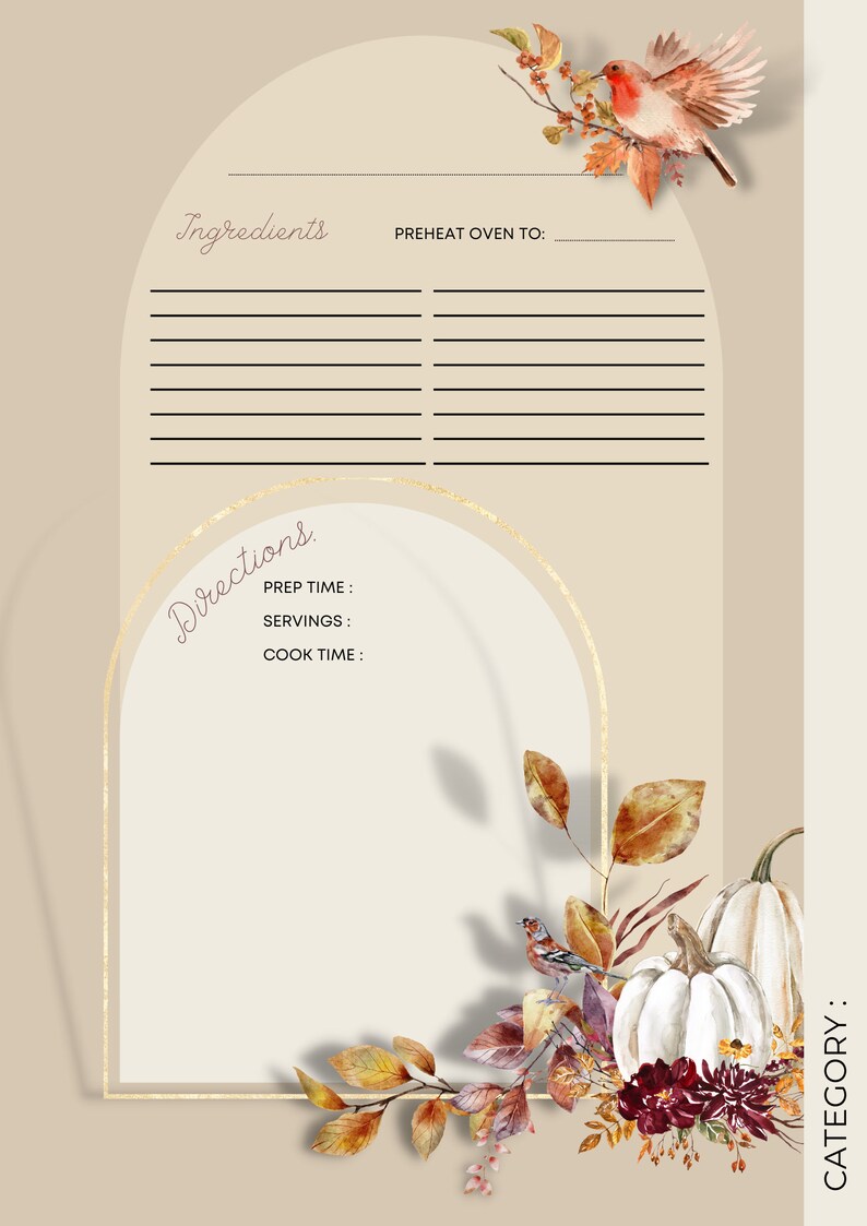 Printable | Fall Watercolor | Recipe Card Template | Autumn Recipe Page ...