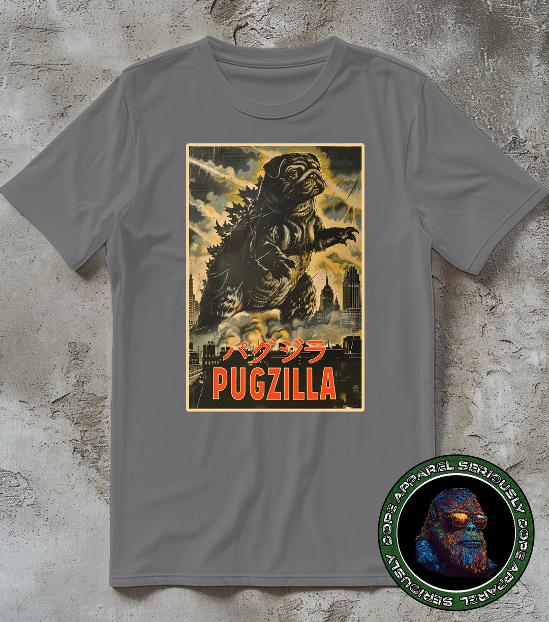 Pugzilla Shirt, Retro Japanese Movie Poster T-shirt, Funny Pug Tshirt ...