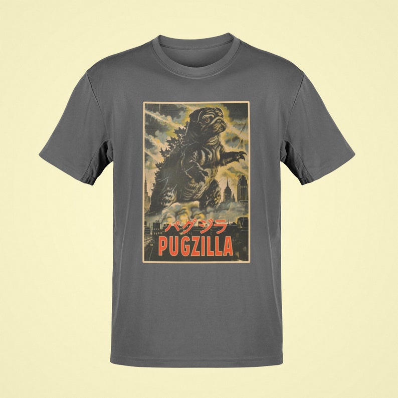 Pugzilla Shirt, Retro Japanese Movie Poster T-shirt, Funny Pug Tshirt ...