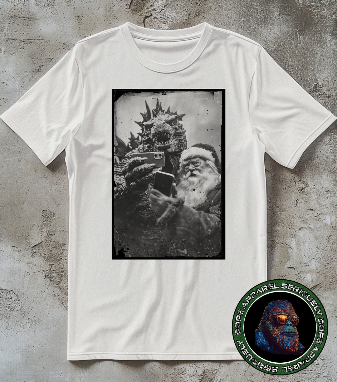 Godzilla Santa Claus Vintage Selfie Photo Shirt, Funny Christmas Tee ...