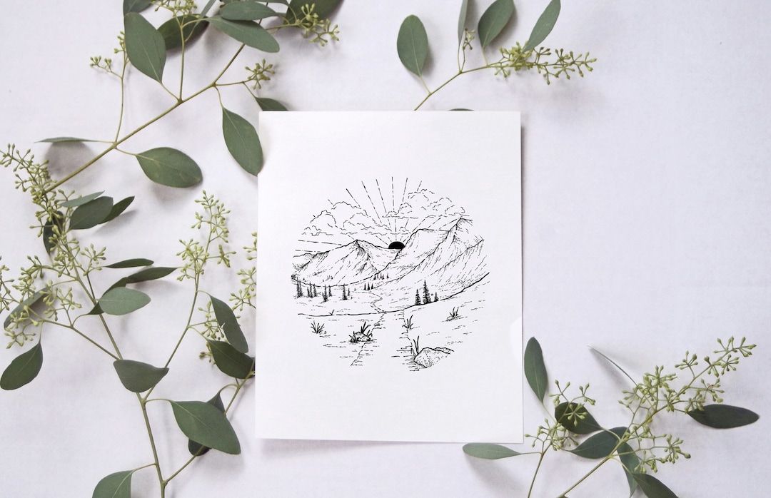 Rocky Mountain Pen and Ink Art Print - Backpacking Hiking Wall Décor ...