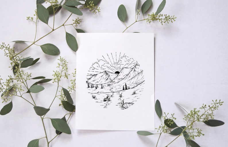 Rocky Mountain Pen and Ink Art Print - Backpacking Hiking Wall Décor ...