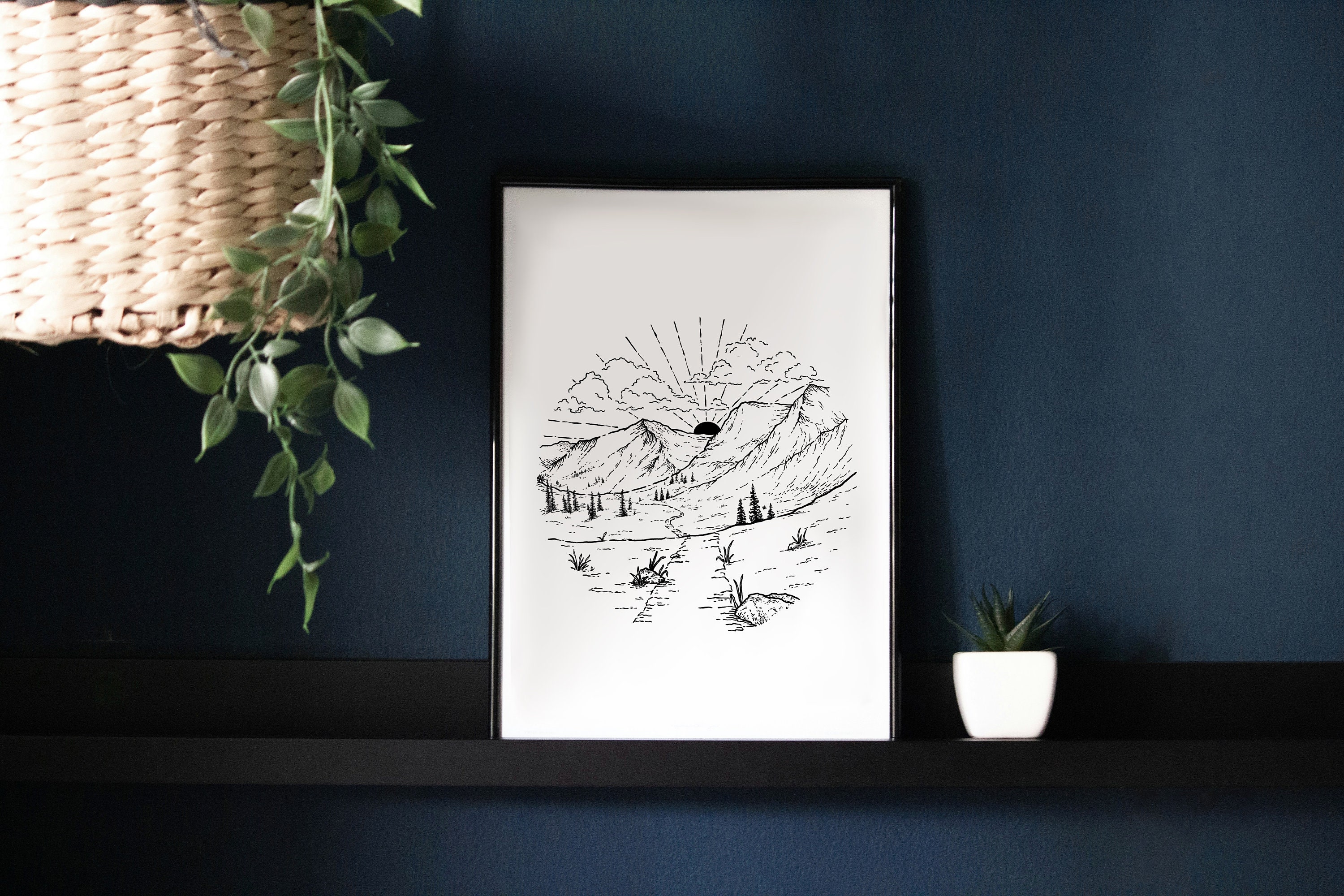 Rocky Mountain Pen and Ink Art Print - Backpacking Hiking Wall Décor ...