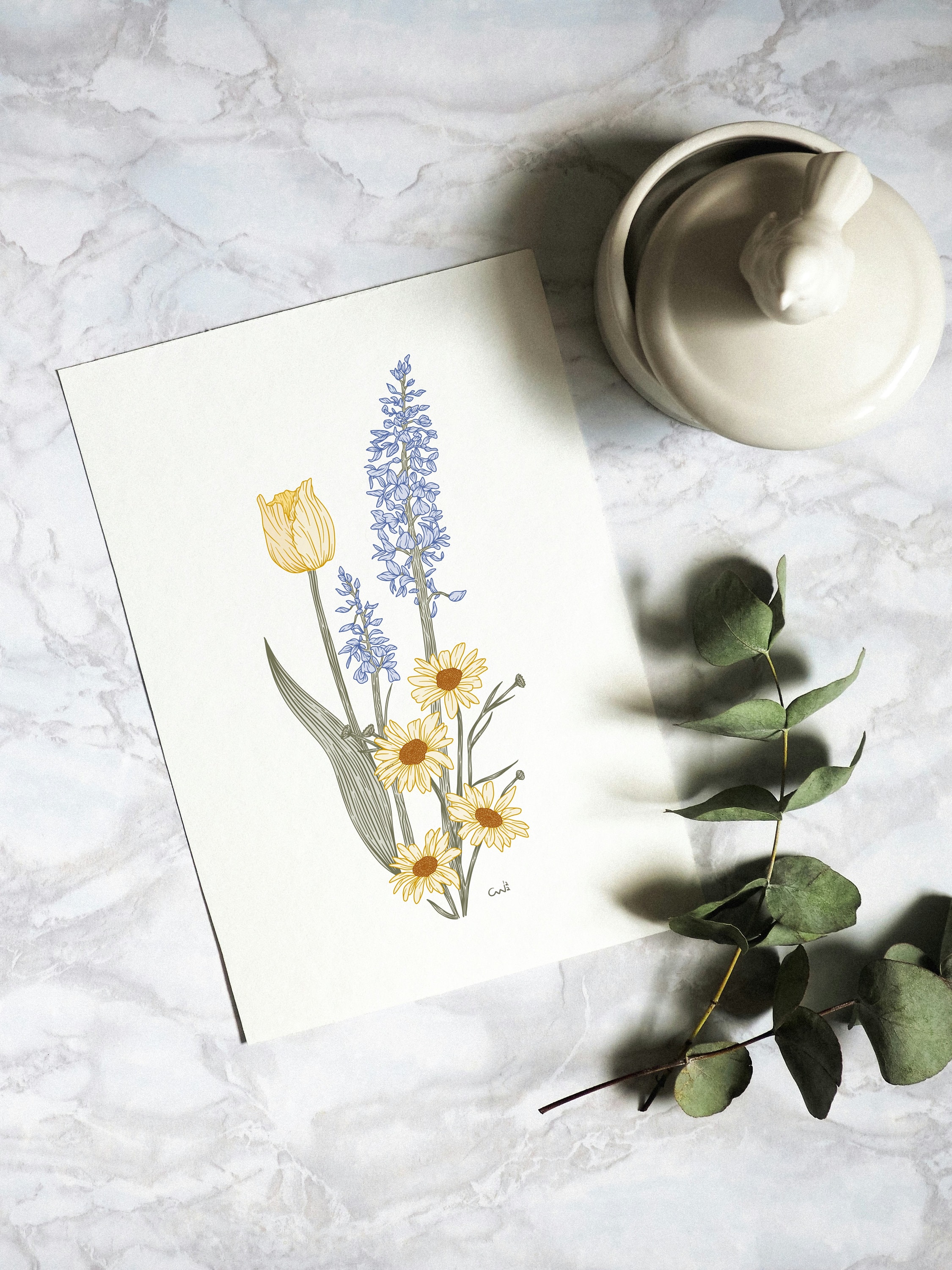 Spring Bouquet Pastel Pen and Ink Art Print - Botanical Flowers ...