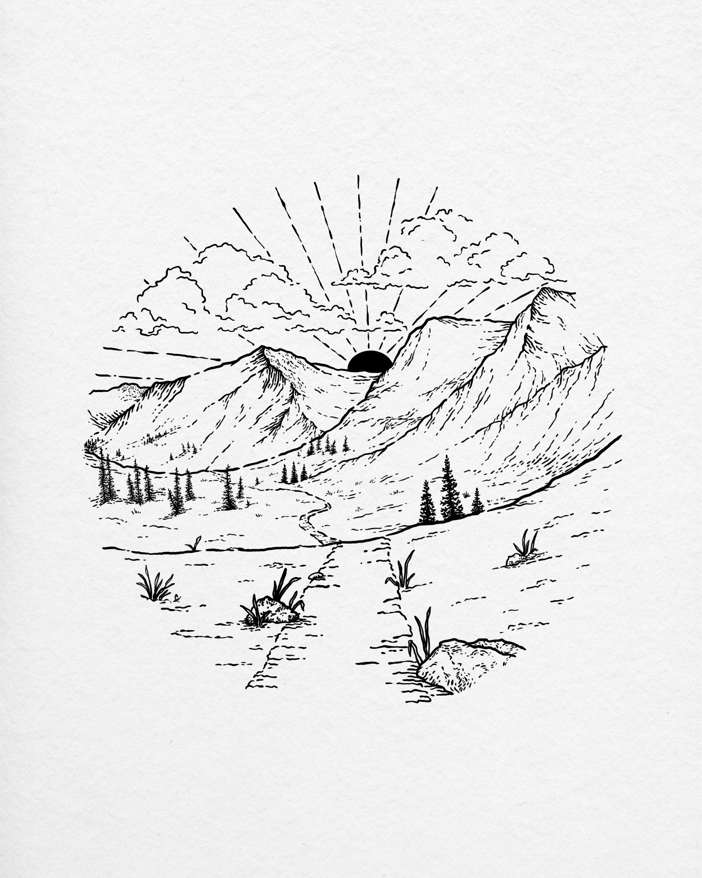 Rocky Mountain Pen and Ink Art Print - Backpacking Hiking Wall Décor ...
