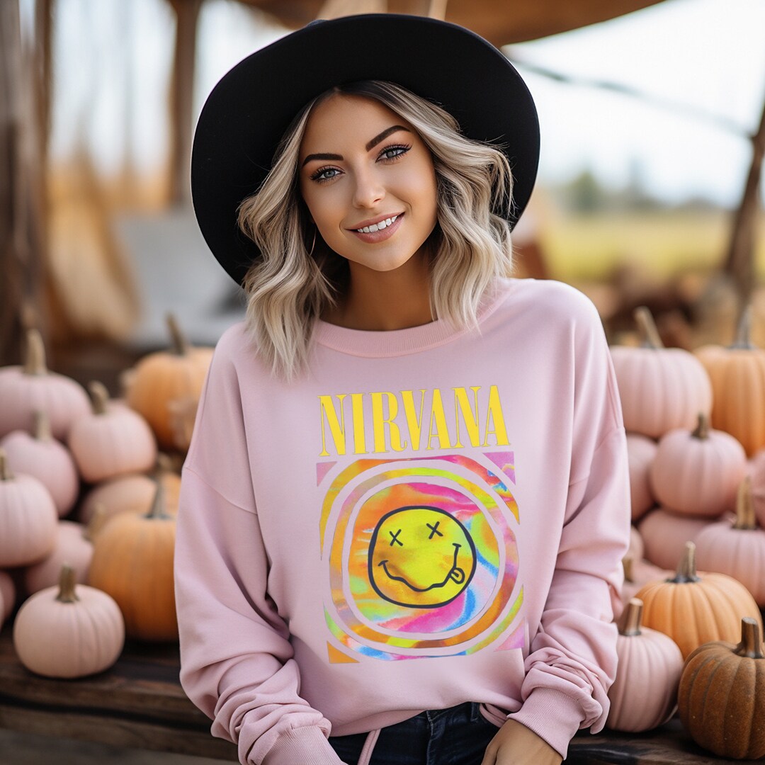 Nirvana Sweatshirt, Nirvana Smile Face Crewneck Sweatshirt, Nirvana Pink Sweatshirt, Trendy Pink ...