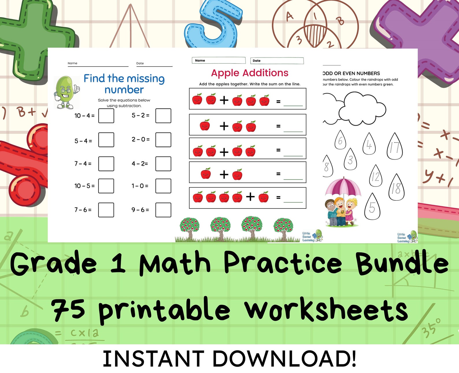 GRADE 1 MATH Workbook, 75 Math Worksheets 1st Grade Math Printable ...