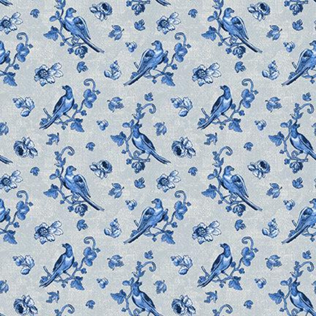 English Blue & White: LT GRAY BIRDS With Flowers Fabric (1/2 Yd) - Etsy