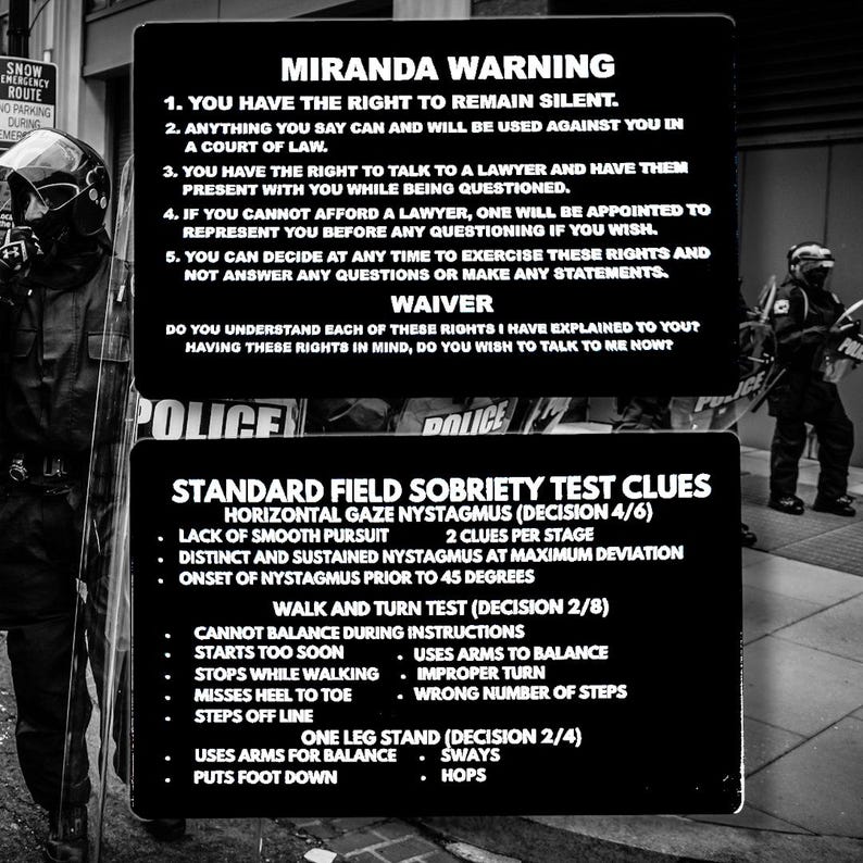 Metal Engraved Miranda Rights / Warning and SFST Clue Card for Police ...