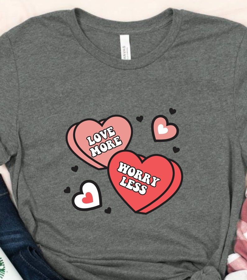 Love More Worry Less Hearts Dialog Valentines Day Tshirts, Cute Heart ...