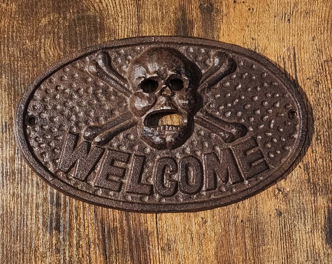 Vintage Cast Iron Pirate Skull Welcome Plaque - Rustic Brown - Etsy