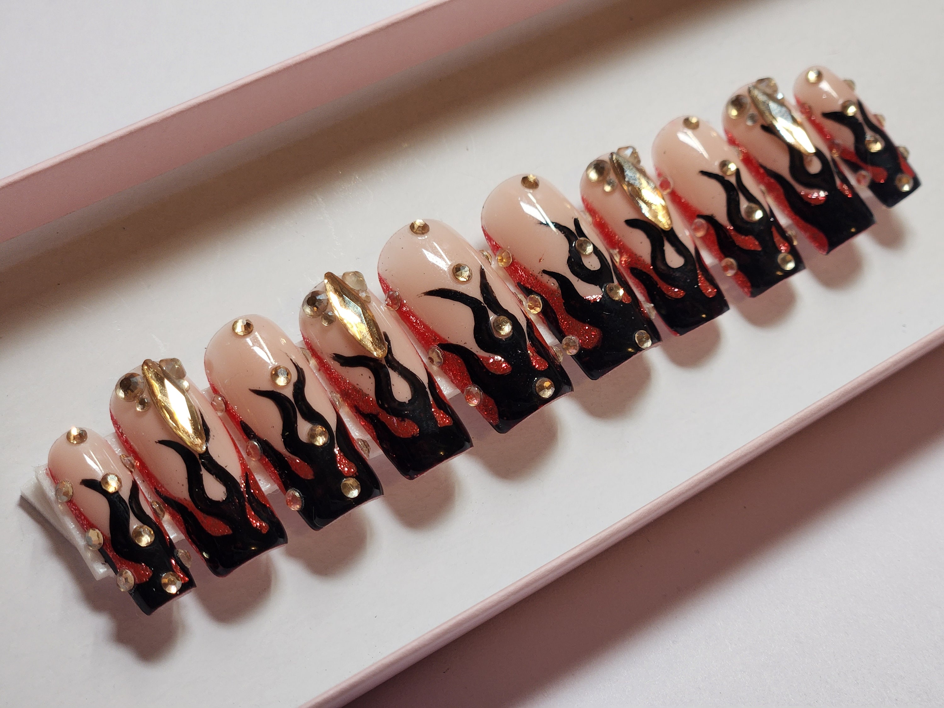 Flame French Tip Nail Art Design/ Luxury Gel Press on Nails - Etsy
