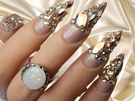 Gold Crystal Nail Art Design Luxury Gel Press on Nails Etsy