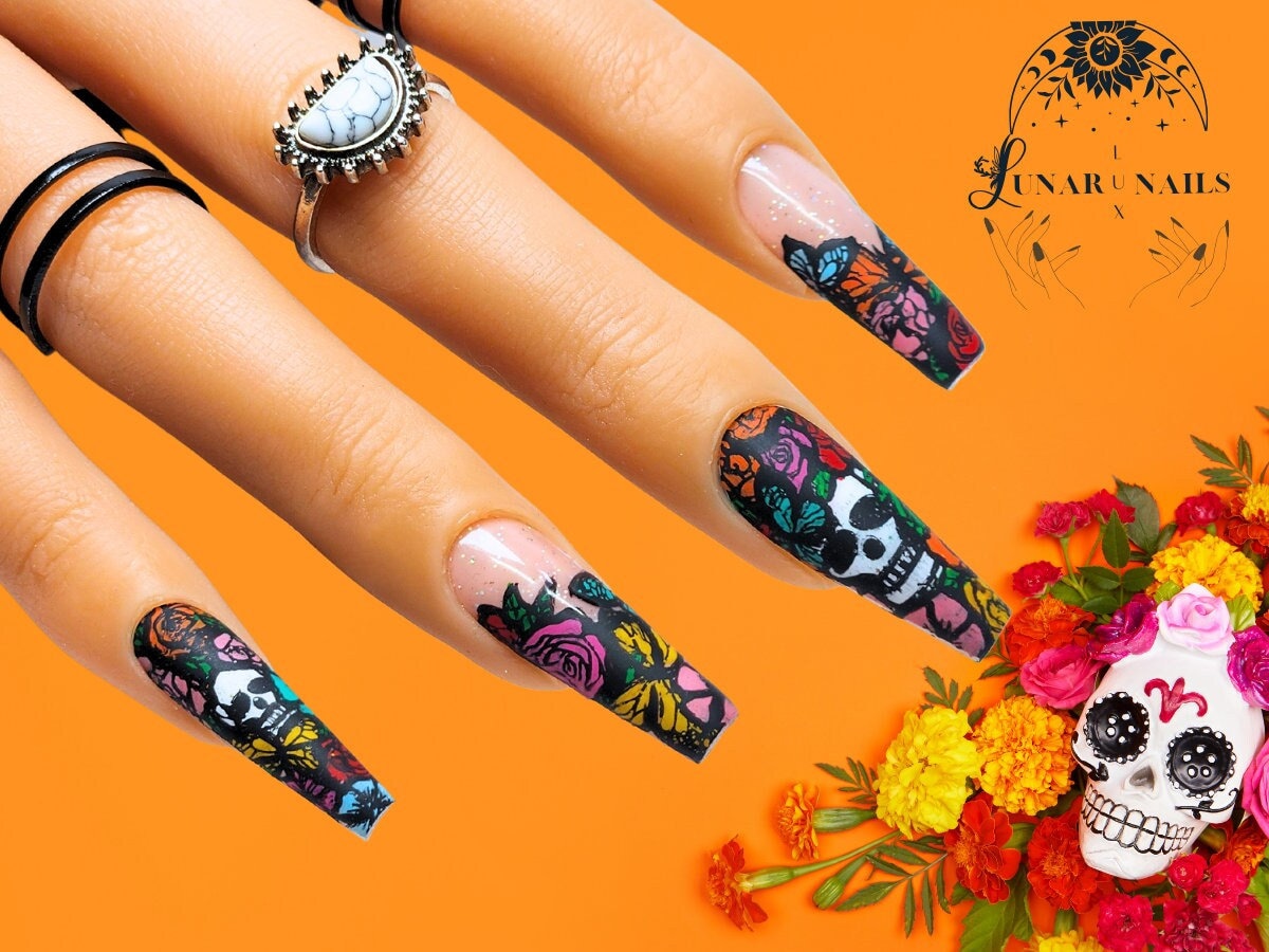 Sugar Skull Mexican Nail Art Design Luxury Gel Press on Nails Etsy