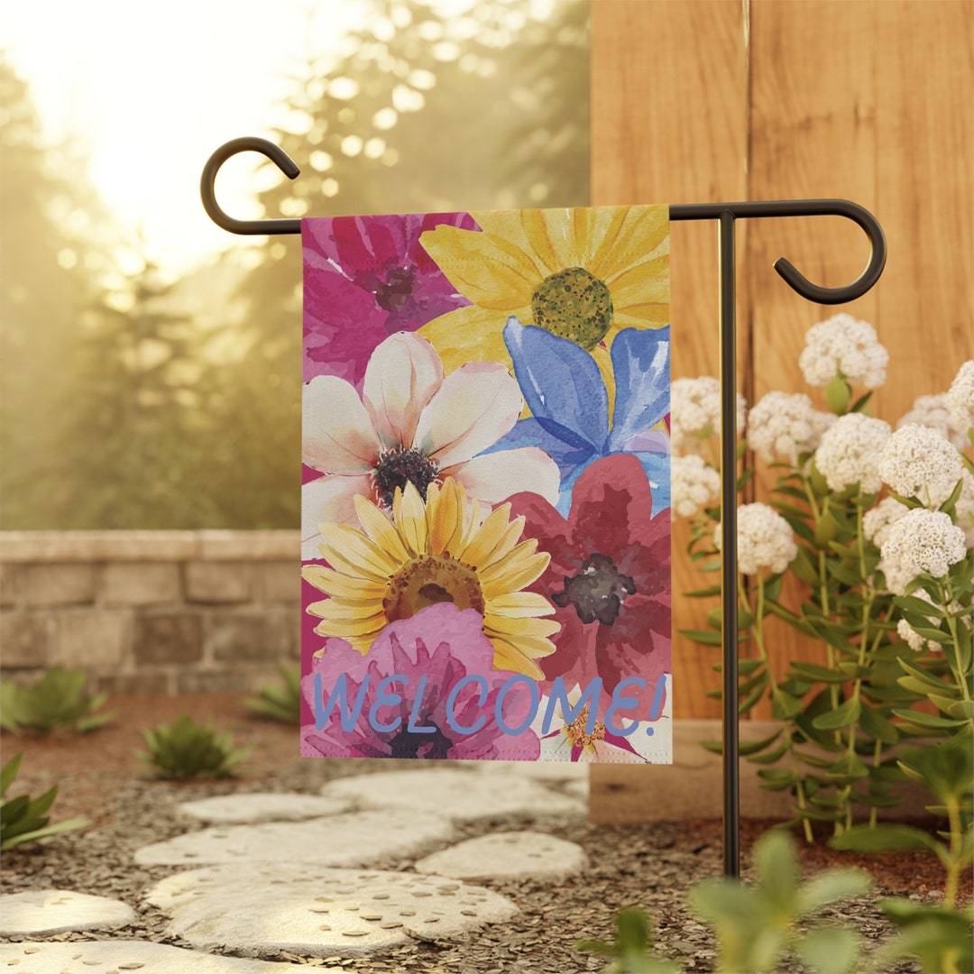 Fun Flowery Yard Flag Flowers Welcome Flag Floral Garden Flag Garden ...